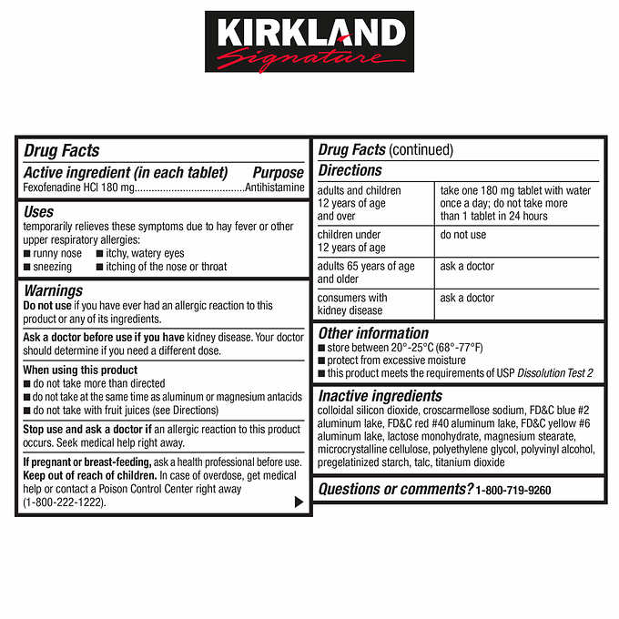 Kirkland Signature Aller-Fex Antihistamine 180 mg 180 Tablets - Aldi ...